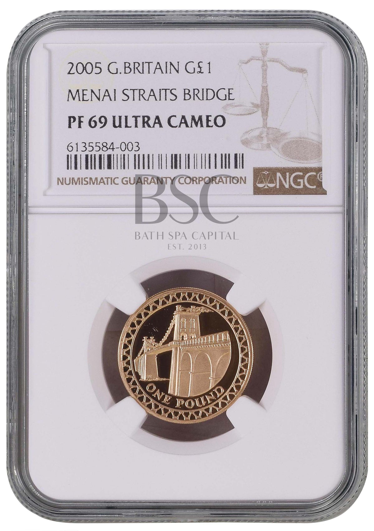 Elizabeth II, 2005 Gold Proof "Menai Straits Bridge" One Pound NGC PF69 ...